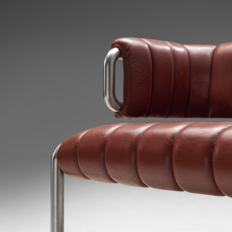Cubist Tubular Lounge Chair in Red Leather For Sale at 1stDibs