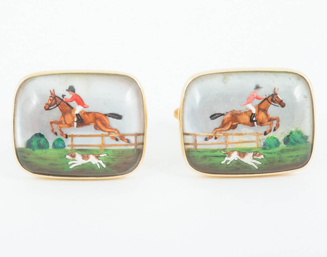 Equestrian Cufflinks of a Hunting Scene in Crystal Mounted in Gold ...