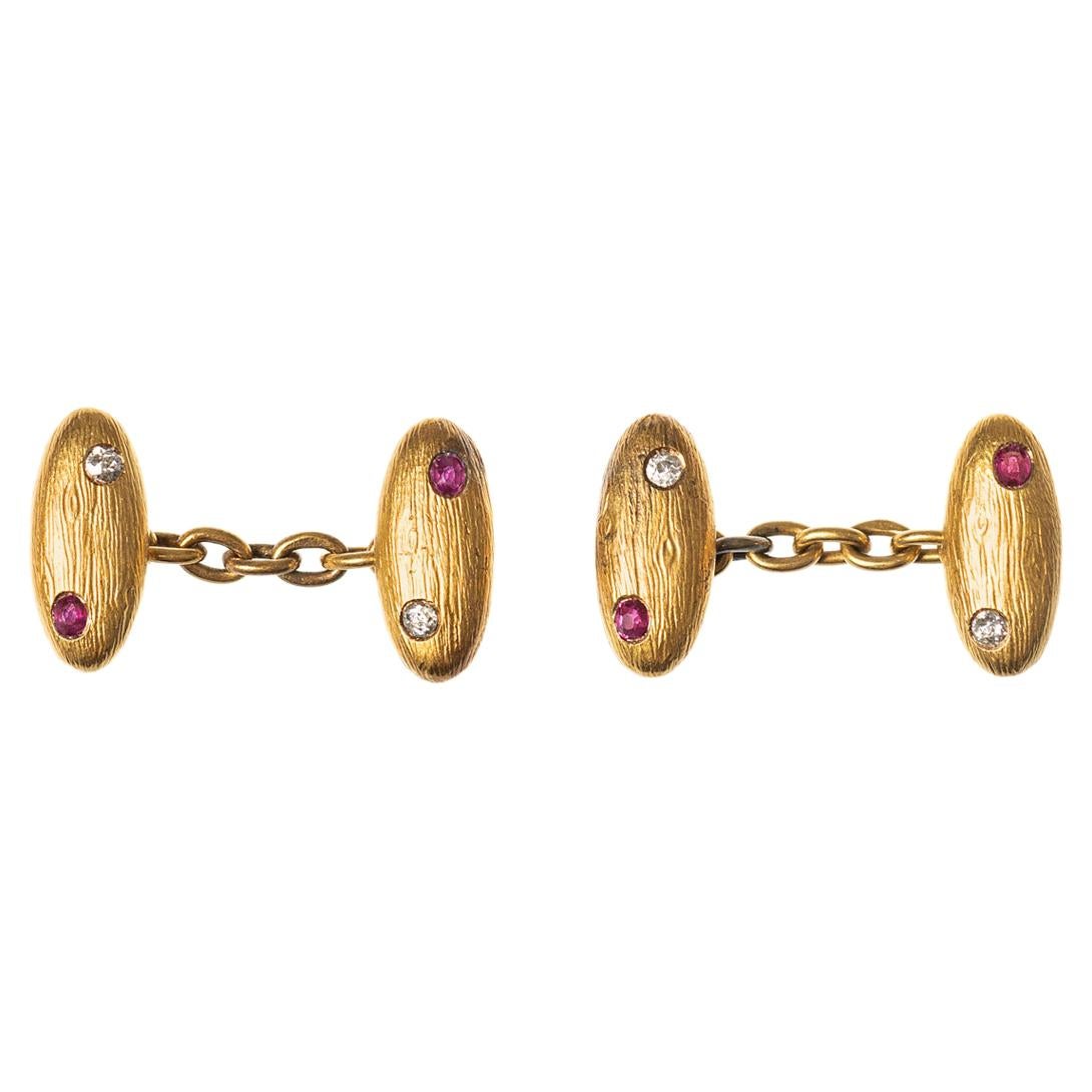 Cufflinks in 14 Karat Textured Gold with Ruby and Diamond, Austrian ...