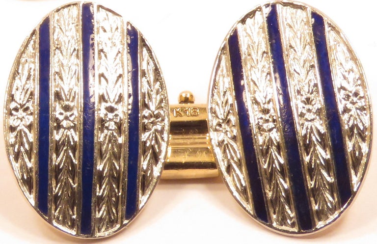 Antique Navy Enamel Engraved 18K Gold Cufflinks For Sale at 1stDibs