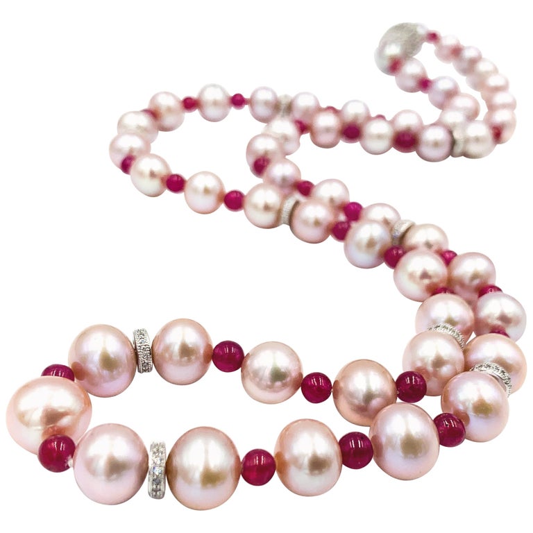Cultured Freshwater Pink Pearl And Ruby Bead Necklace At 1stdibs Pink