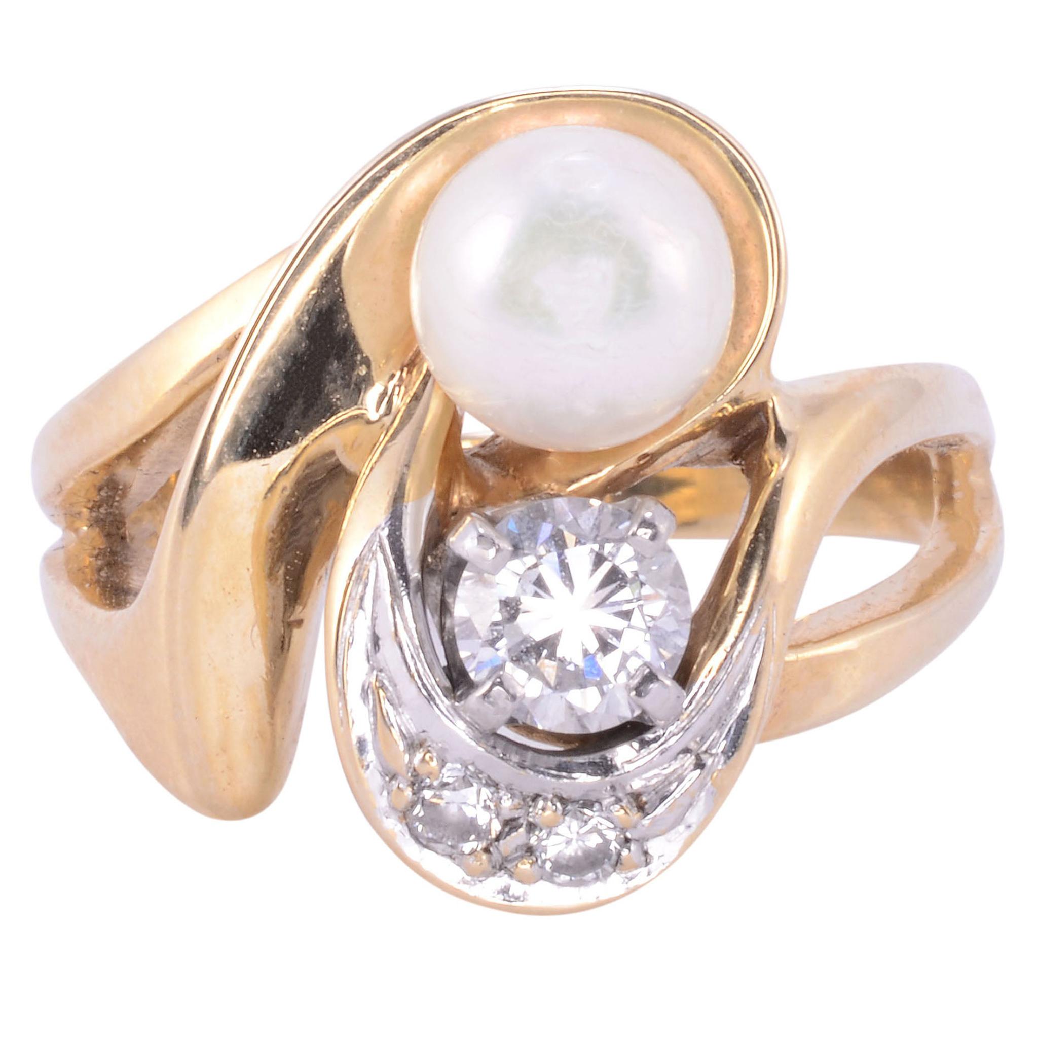Cultured Pearl and Diamond Retro Cocktail Ring at 1stDibs