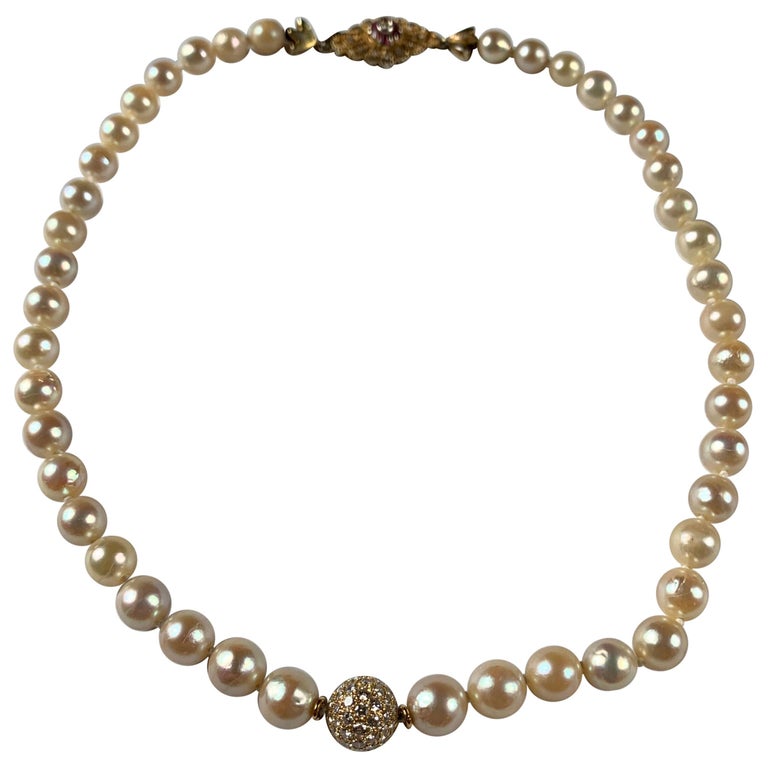 Cultured Pearl Necklace With Diamond Pave Ball For Sale at 1stDibs