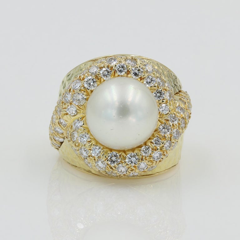Cultured Pearl and Pave Diamond Ring in 18 Karat YG For Sale at 1stDibs