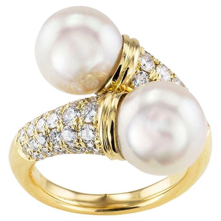 Cultured Pearls Diamonds Yellow Gold Bypass Ring For Sale at 1stDibs