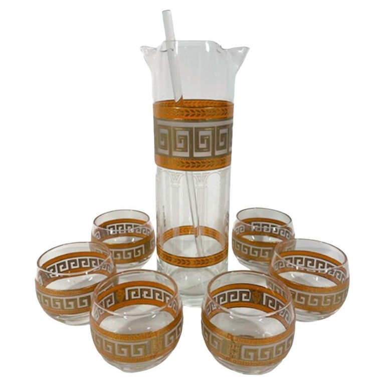 Culver Cocktail Pitcher and Roly Poly Set in Orange and Gold Greek Key ...