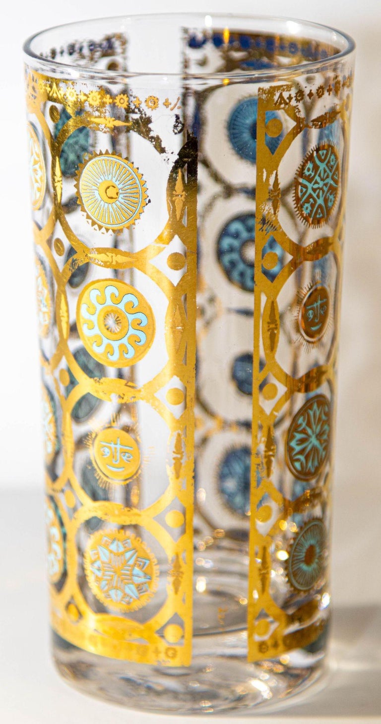 Culver Ltd 22k Gold and Turquoise Signed Glassware Barware Set of 7 ...