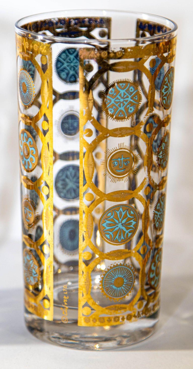 Culver Ltd 22k Gold and Turquoise Signed Glassware Barware Set of 7 ...