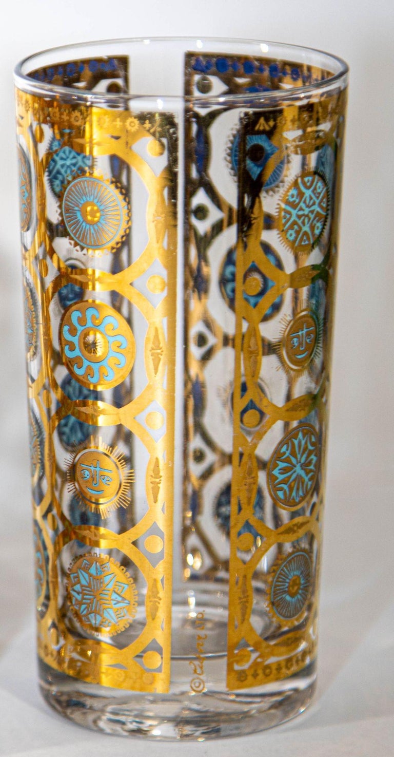 Culver Ltd 22k Gold and Turquoise Signed Glassware Barware Set of 7 ...