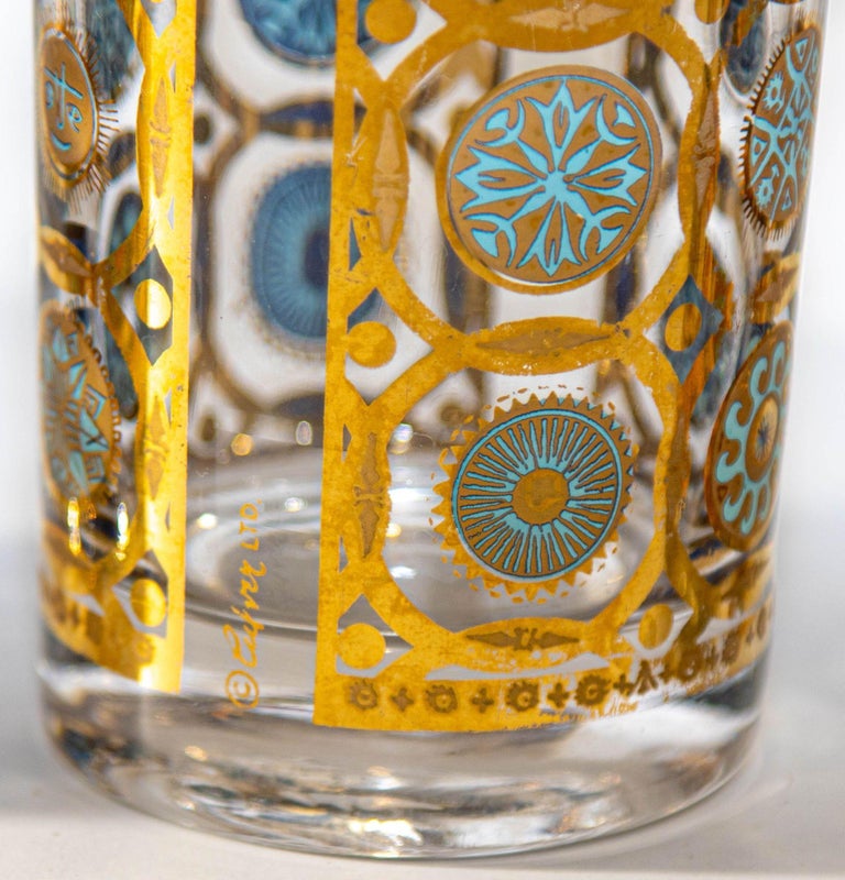 Culver Ltd 22k Gold and Turquoise Signed Glassware Barware Set of 7 ...