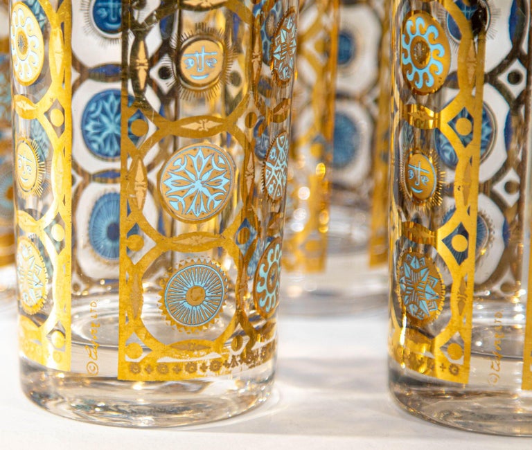 Culver Ltd 22k Gold and Turquoise Signed Glassware Barware Set of 7 ...