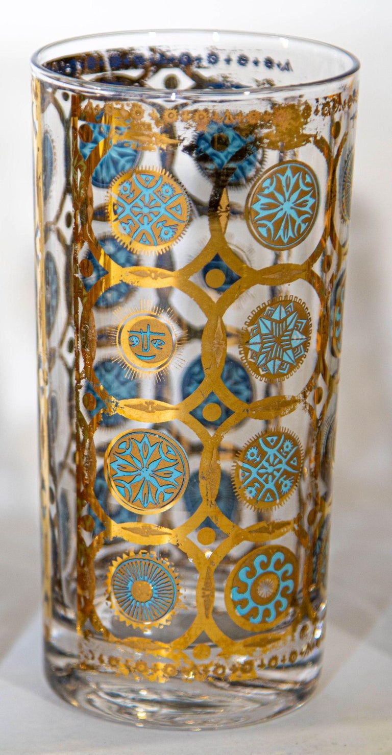 Culver Ltd 22k Gold and Turquoise Signed Glassware Barware Set of 7 ...