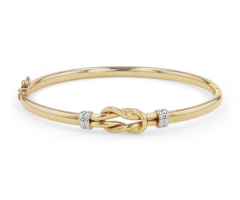 Curata Italian 14k Two Tone Gold Love Knot Hinged Stackable Bangle Bracelet For Sale at 1stDibs