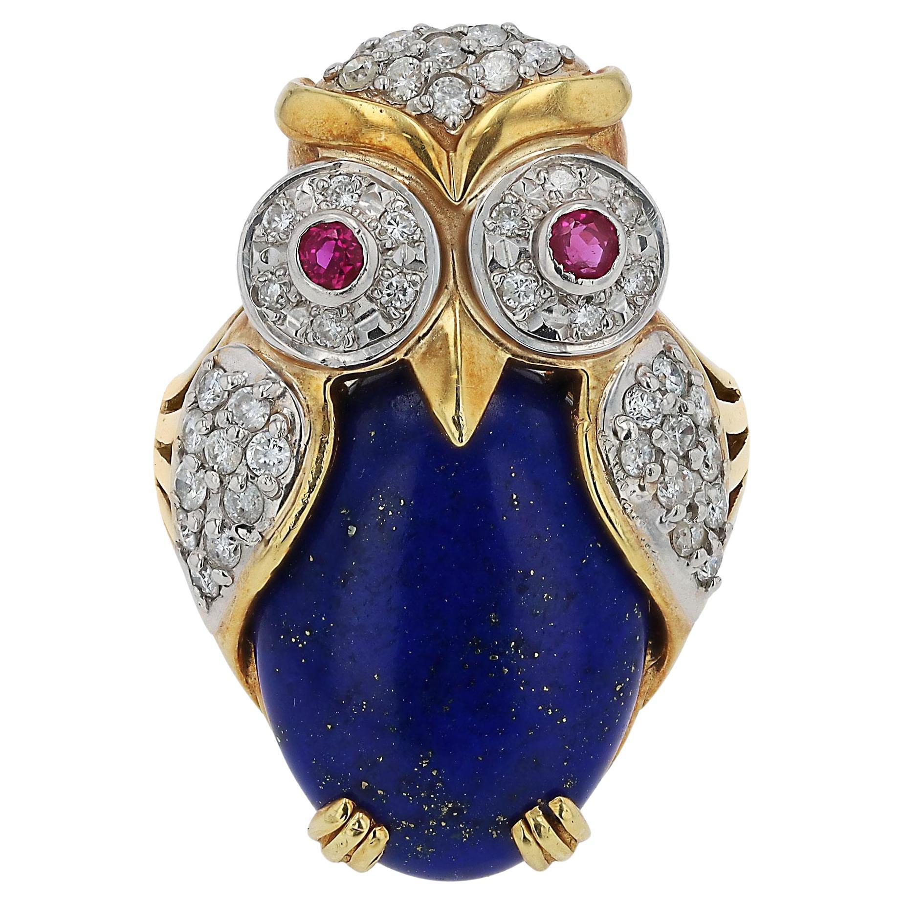 Owl Bird Ring Lapis Lazuli Ruby Retro Midcentury 14 Karat Yellow Gold For Sale at 1stDibs
