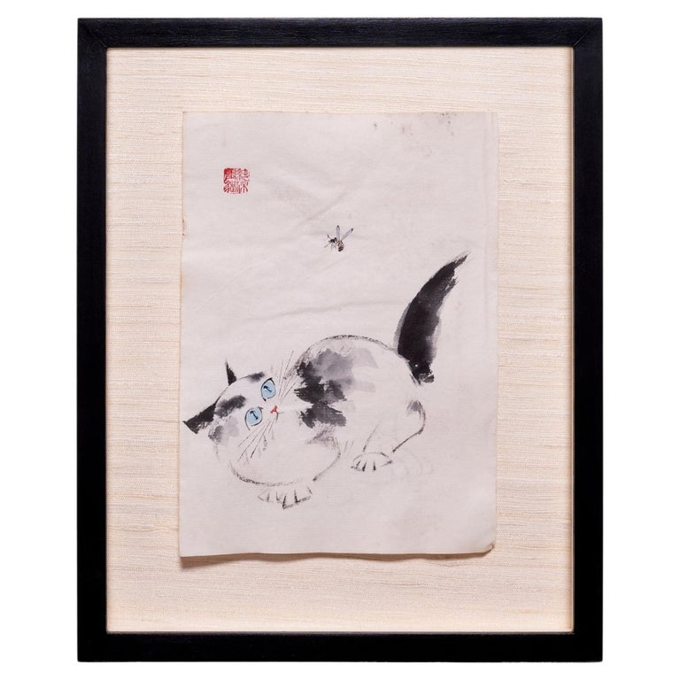 "Curious Cat" Ink Calligraphy Painting For Sale at 1stDibs