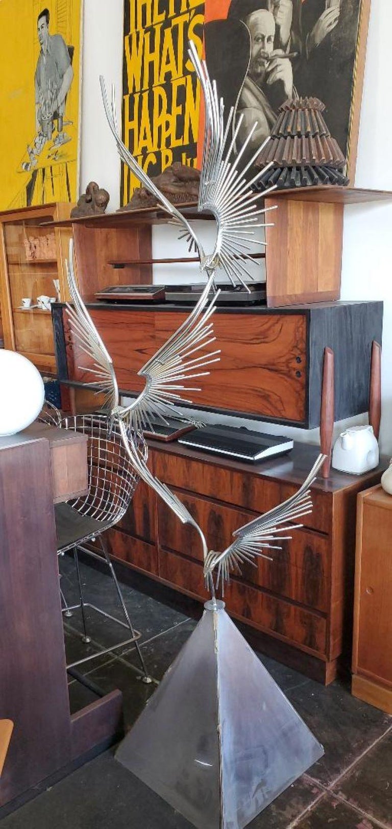 Curtis Jere "Birds at Flight" Chrome Metal Sculpture With Trapezoidal ...