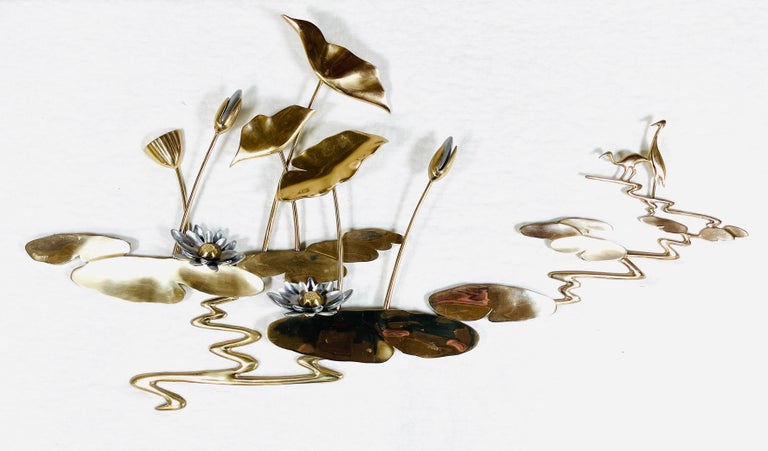Curtis Jere Style Brass Water Lilies, Cattail, and Craines Wall ...