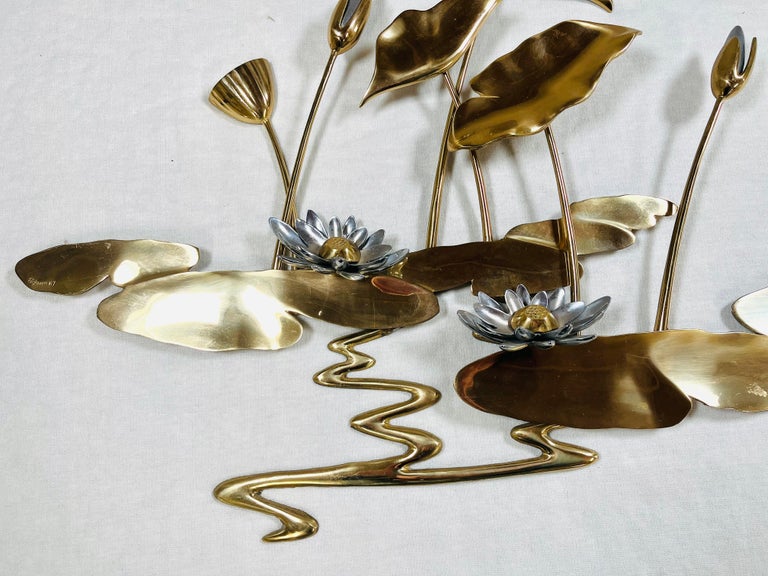 Curtis Jere Style Brass Water Lilies, Cattail, and Craines Wall ...