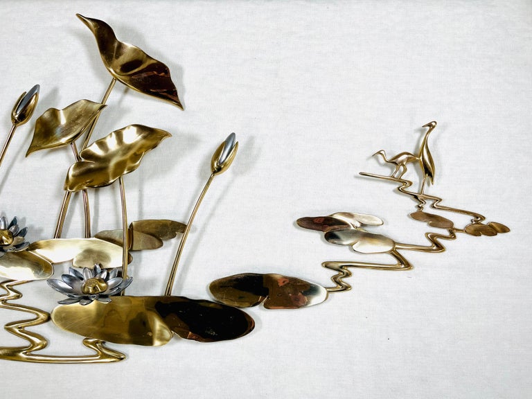 Curtis Jere Style Brass Water Lilies, Cattail, and Craines Wall ...