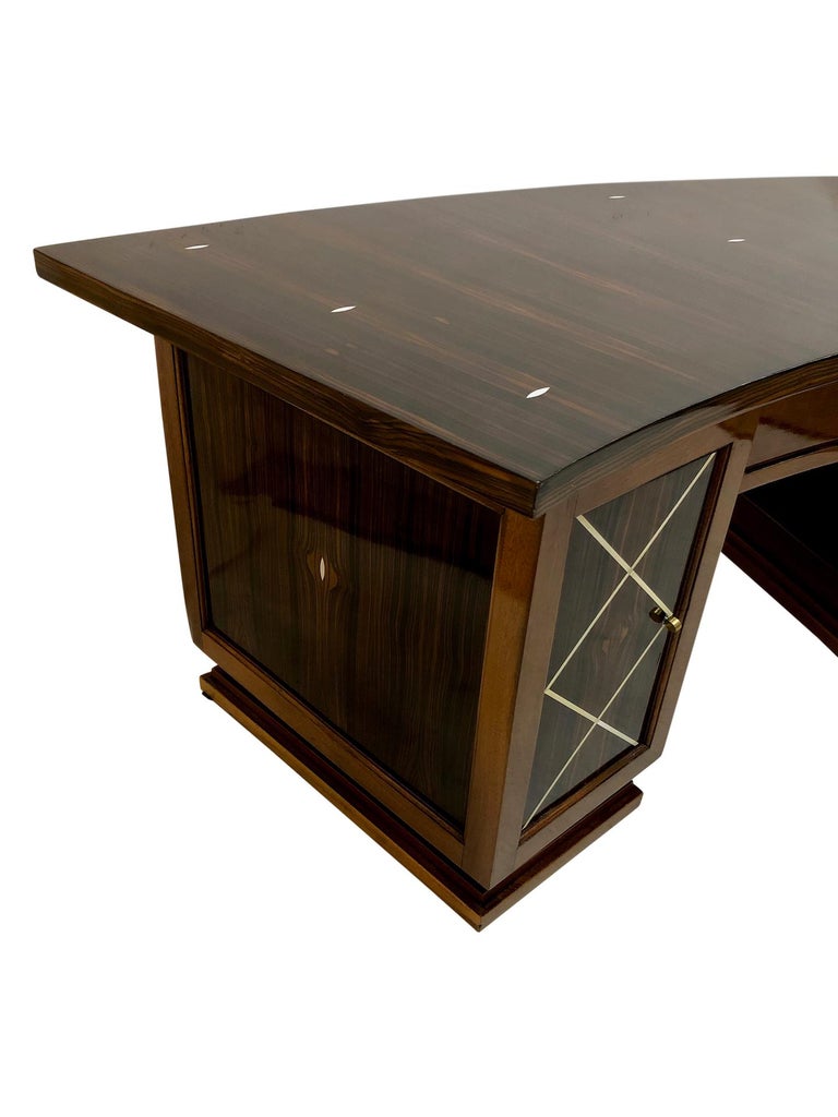 Curved Art Deco Desk in in Real Wood Veneer with Inlays For Sale at 1stDibs
