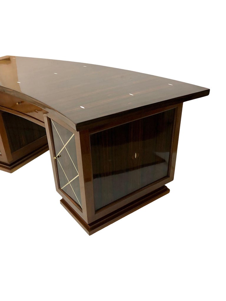 Curved Art Deco Desk in in Real Wood Veneer with Inlays For Sale at 1stDibs