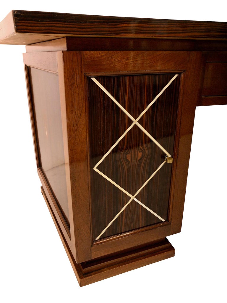 Curved Art Deco Desk in in Real Wood Veneer with Inlays For Sale at 1stDibs