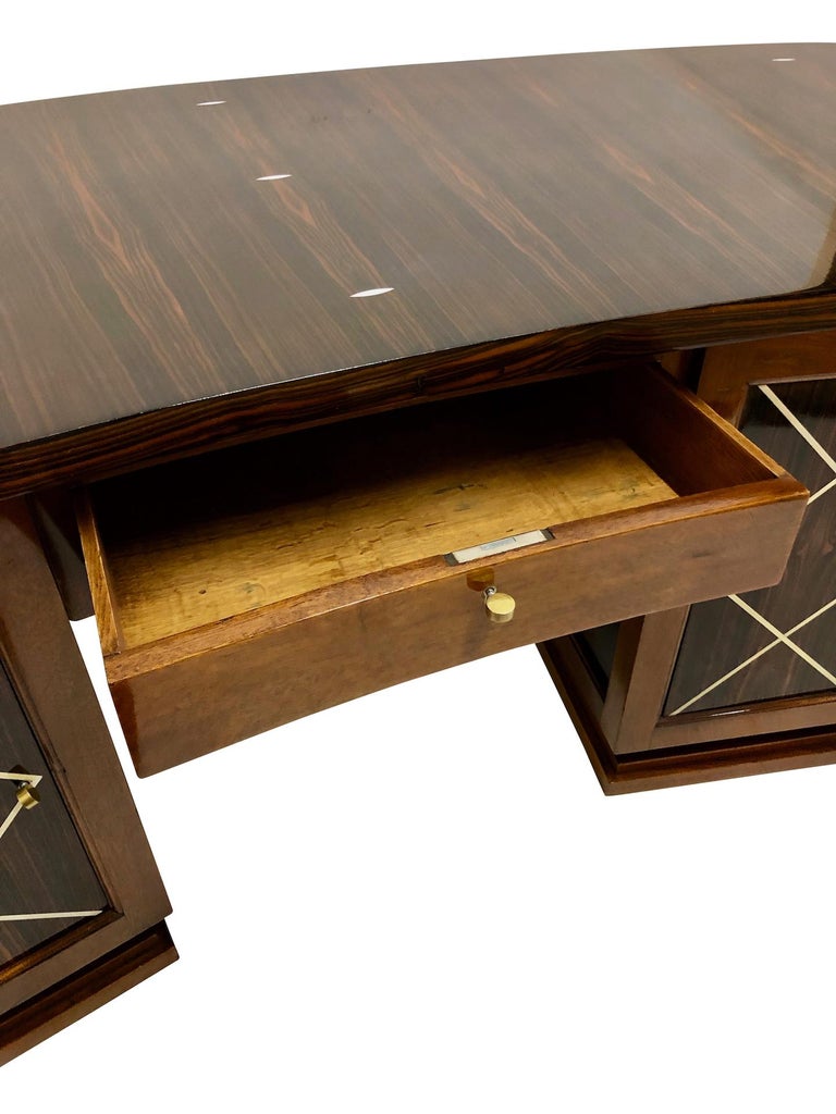 Curved Art Deco Desk in in Real Wood Veneer with Inlays For Sale at 1stDibs