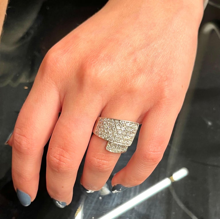 Curved Bypass Natural Round Diamond Pave Overlap Ring in 14k White Gold ...