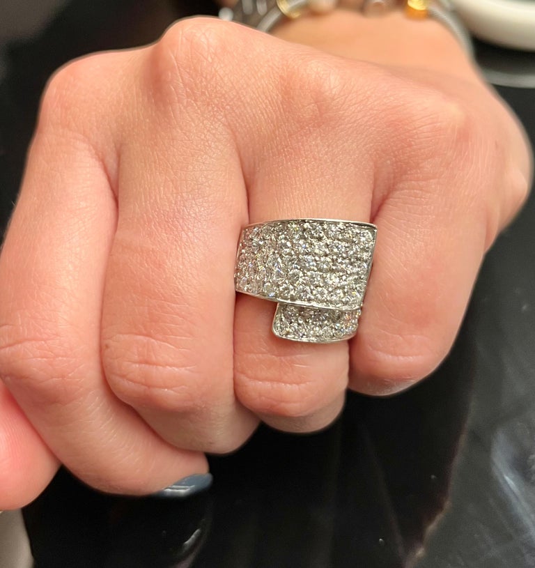 Curved Bypass Natural Round Diamond Pave Overlap Ring in 14k White Gold ...