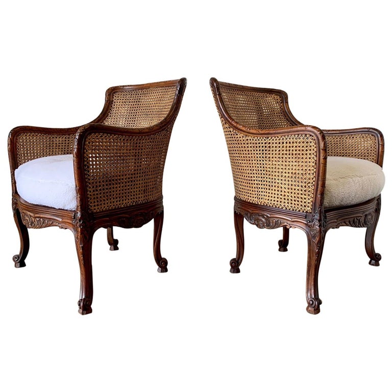 Curved Double Cane Lounge Chairs from Belgium 1950s with Sherpa Faux ...