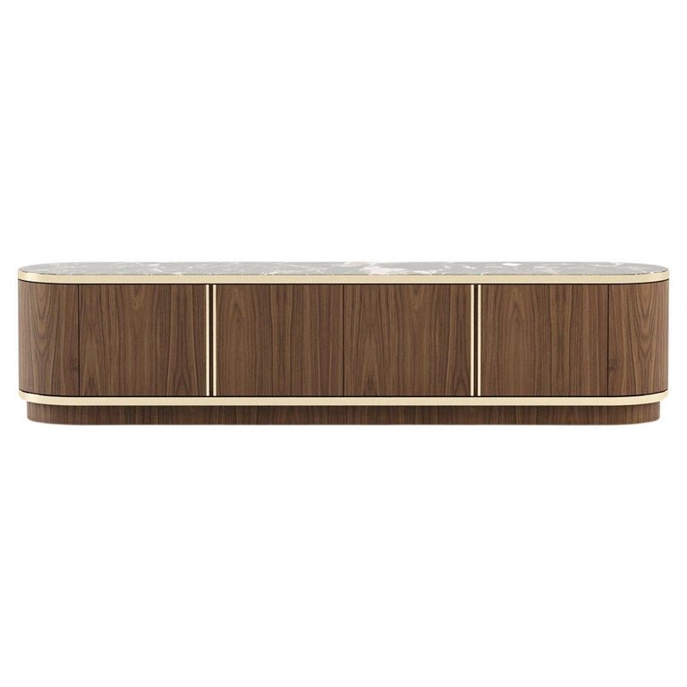 Curved Media Unit in Custom Wood and Marble Colors For Sale at 1stDibs