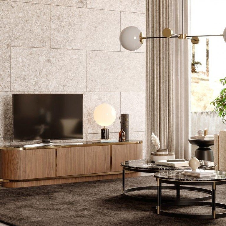 Curved Media Unit in Custom Wood and Marble Colors For Sale at 1stDibs