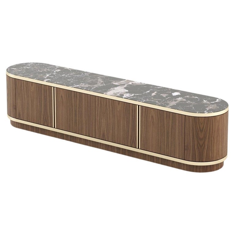 Curved Media Unit in Custom Wood and Marble Colors For Sale at 1stDibs