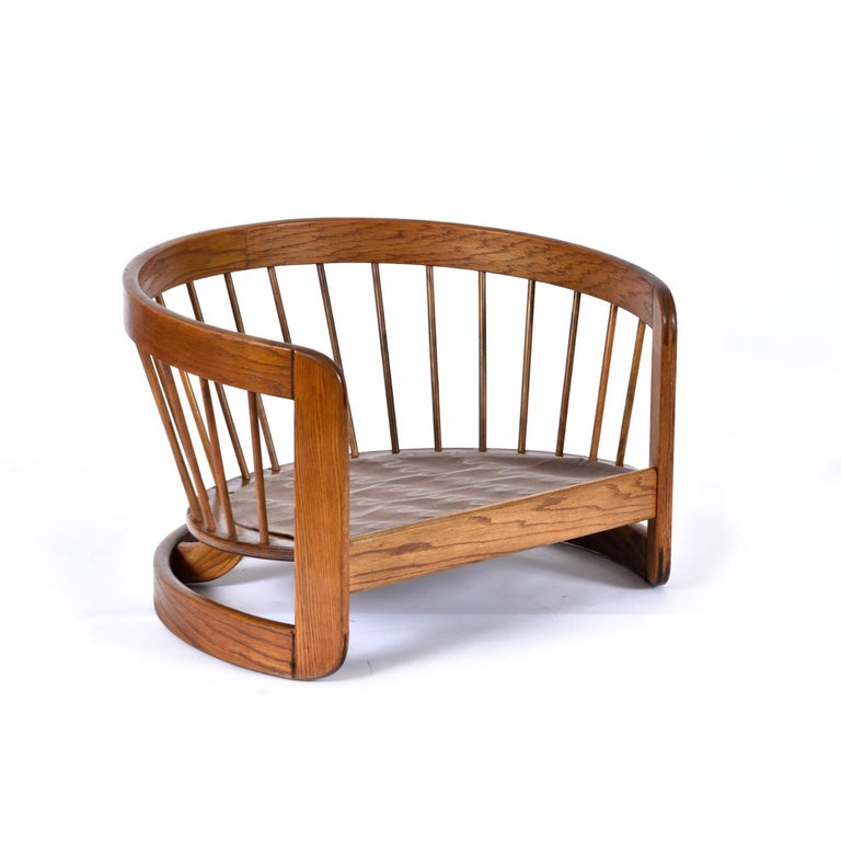 Curved Slat Spindle Back Rustic Modern Solid Oak Tub Chair and Ottoman ...