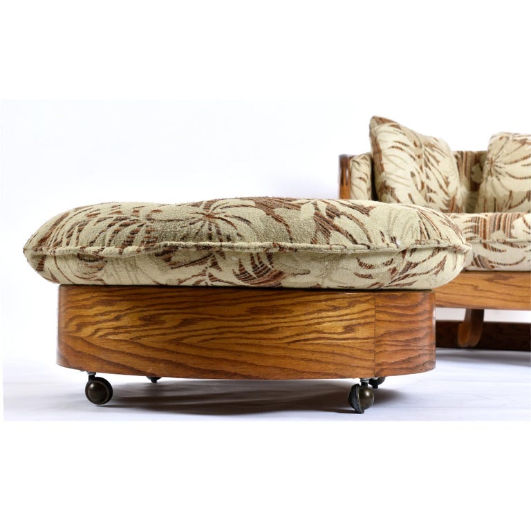 Curved Slat Spindle Back Rustic Modern Solid Oak Tub Chair and Ottoman ...