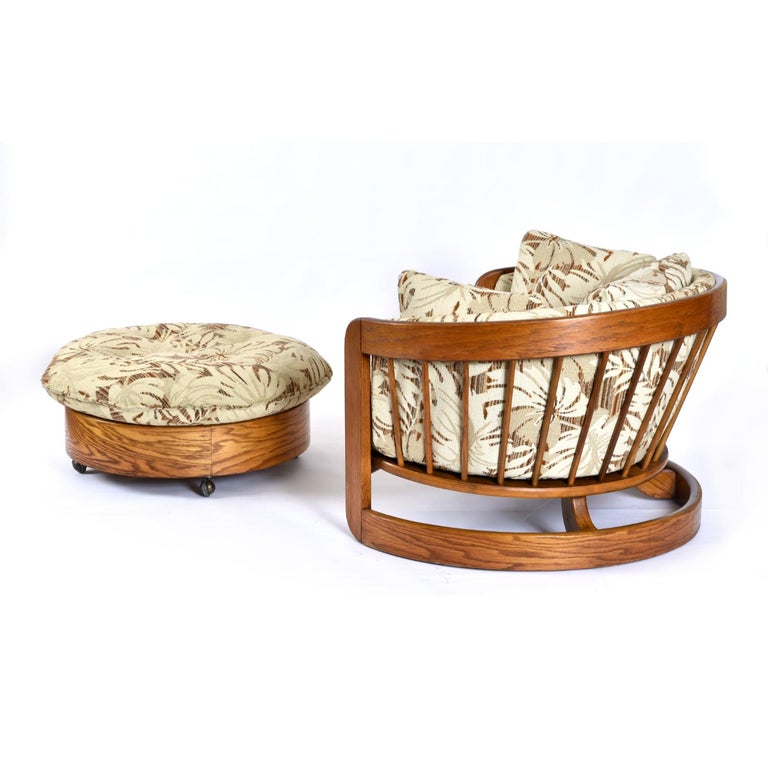 Curved Slat Spindle Back Rustic Modern Solid Oak Tub Chair and Ottoman ...