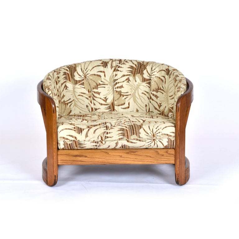 Curved Slat Spindle Back Rustic Modern Solid Oak Tub Chair and Ottoman ...