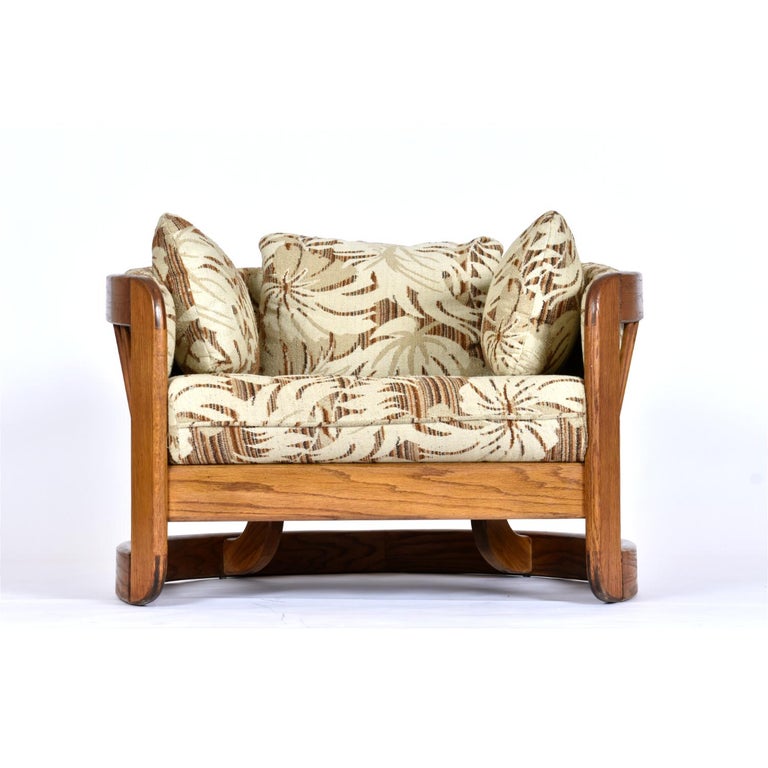 Curved Slat Spindle Back Rustic Modern Solid Oak Tub Chair and Ottoman ...