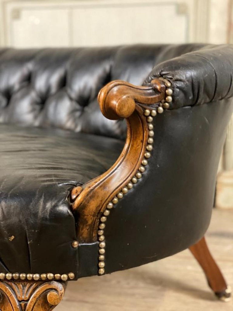 Curved Victorian Sofa, Carved Walnut and Leather at 1stDibs