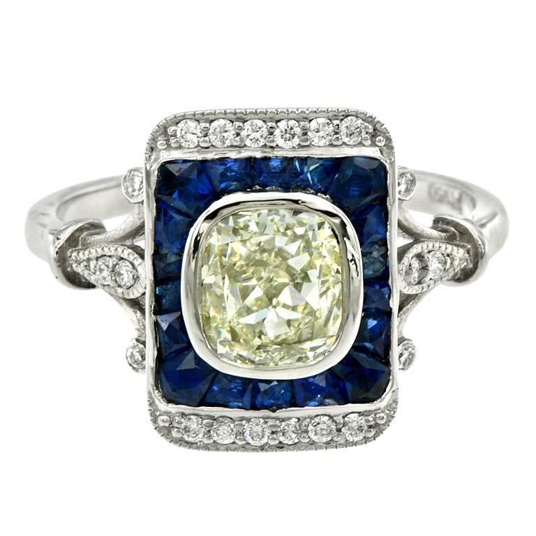 Cushion Cut Fancy Diamond French Cut Blue Sapphire Cocktail Ring at 1stDibs