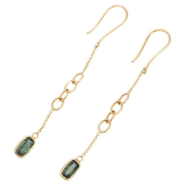 Cushion Cut Green Sapphire Minimal Link Chain Dangle Earrings in 18K ...