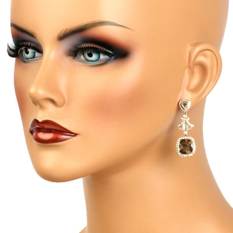 Cushion Cut Ice Diamond Dangle Earring with Diamonds Made in 18k Yellow ...