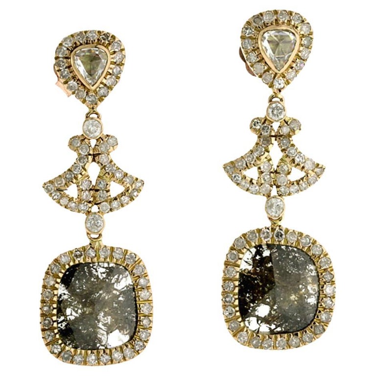 Cushion Cut Ice Diamond Dangle Earring with Diamonds Made in 18k Yellow ...