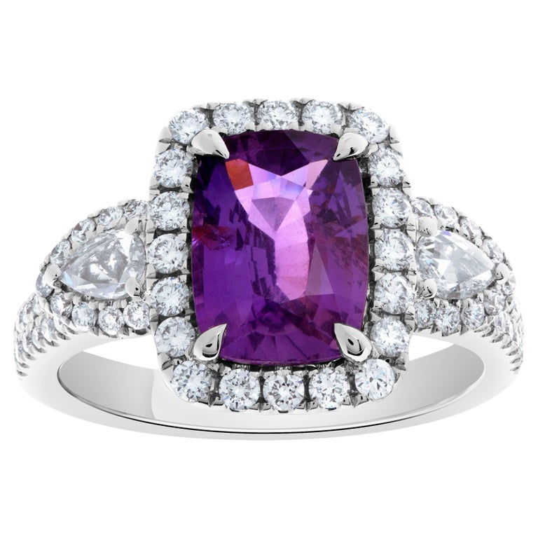 Cushion Cut Natural Purple Sapphire and Diamond Ring Set in 18k White ...
