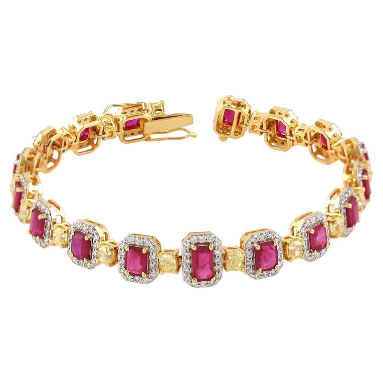 Cushion Cut Ruby Tennis Bracelet in Bezel Setting Made in 18k Yellow ...