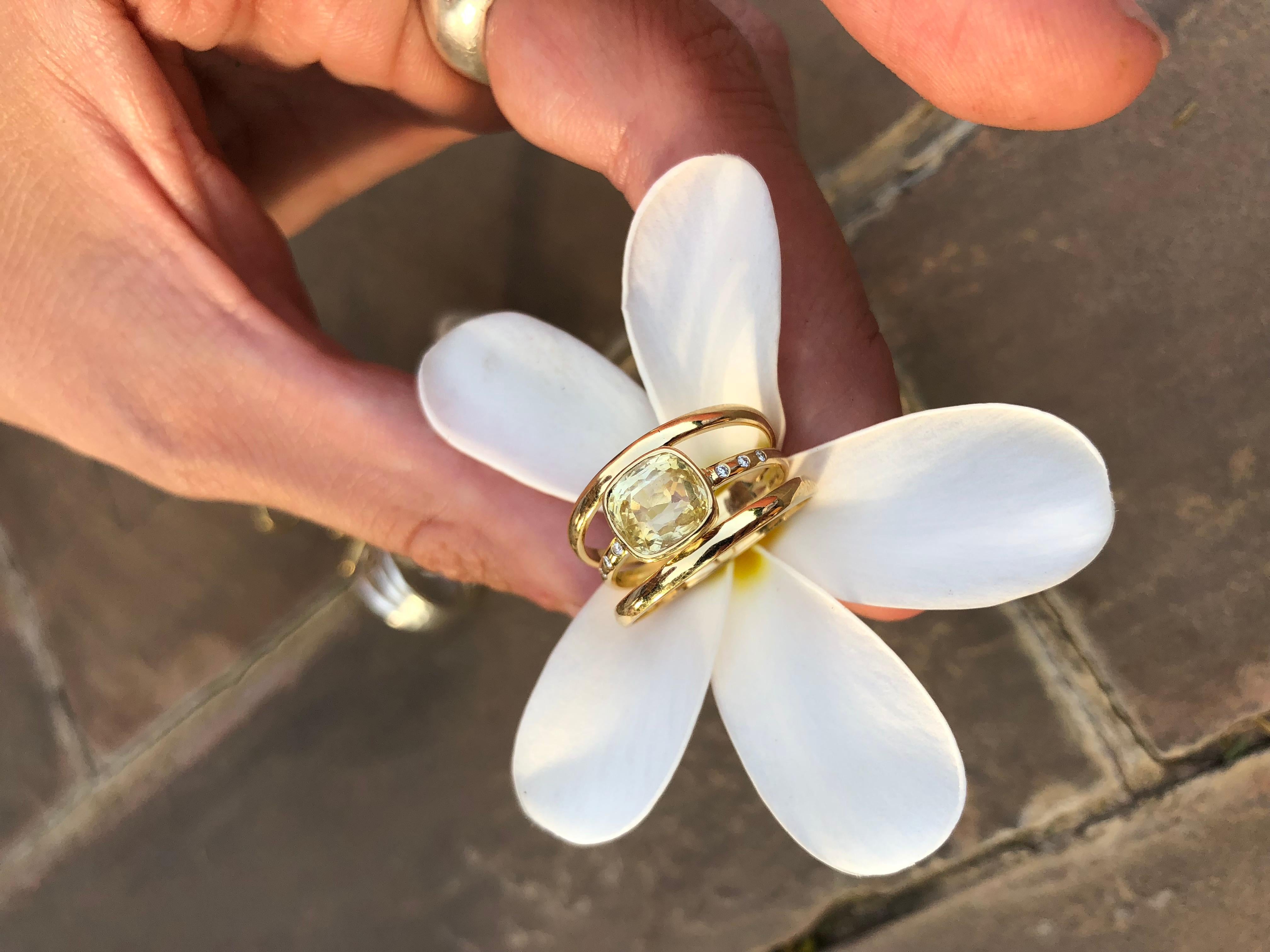 Cushion Cut Yellow Sri Lankan Sapphire and Diamond 3-Band Ring For Sale ...