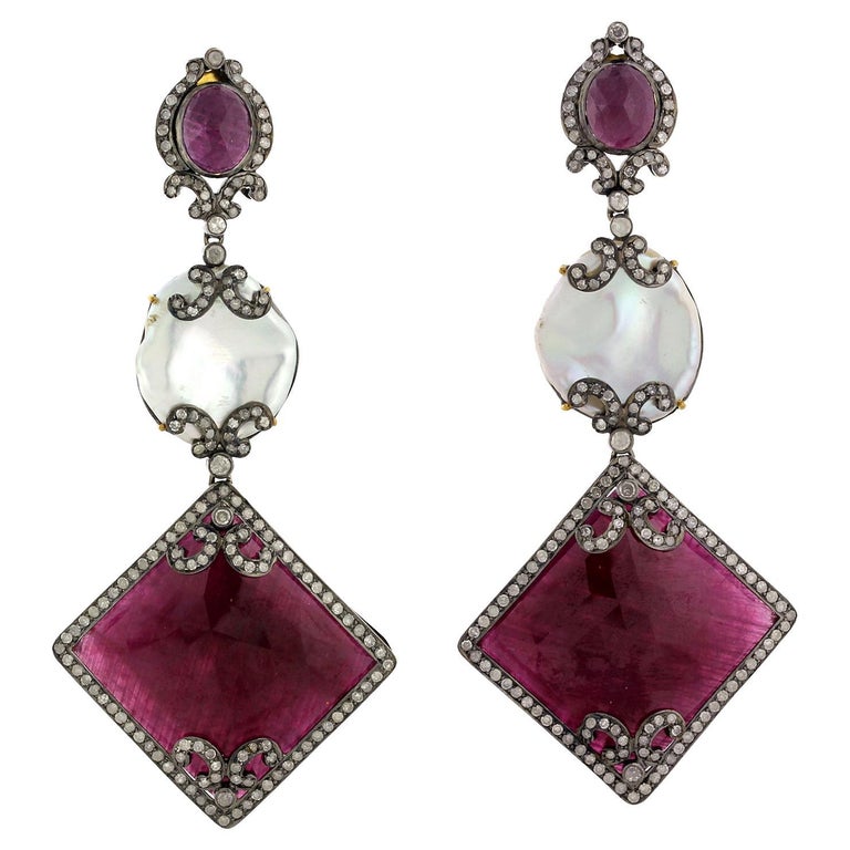 Cushion Shaped Ruby Earrings Connecting with Pearl and Surrounded by ...