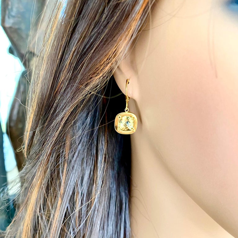 Cushion Shaped Yellow Beryl Bezel Set Yellow Gold Lever Back Earrings ...
