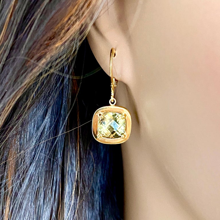 Cushion Shaped Yellow Beryl Bezel Set Yellow Gold Lever Back Earrings ...