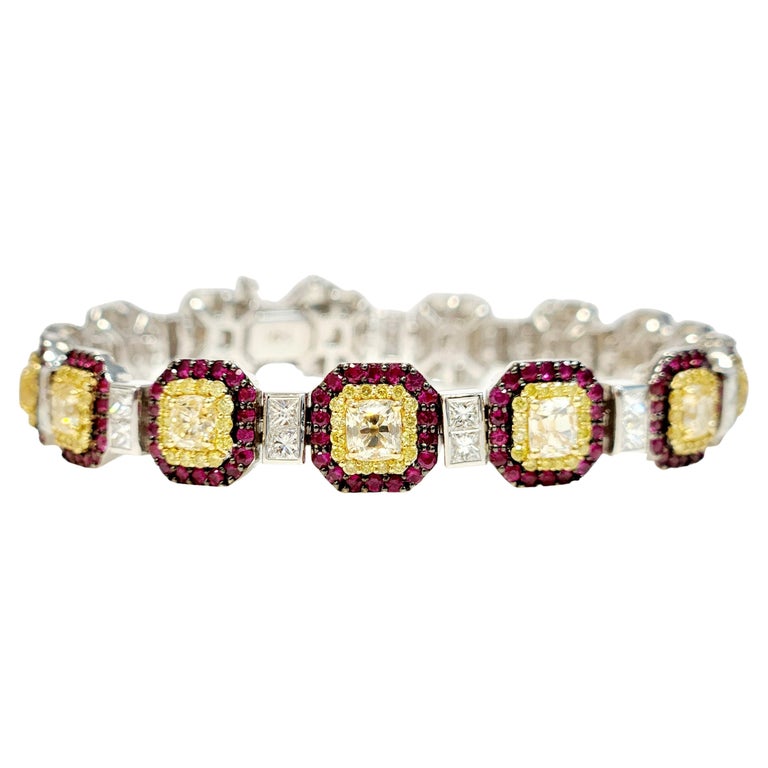 Cushion Shaped Yellow Diamond and Red Ruby Line Bracelet For Sale at ...